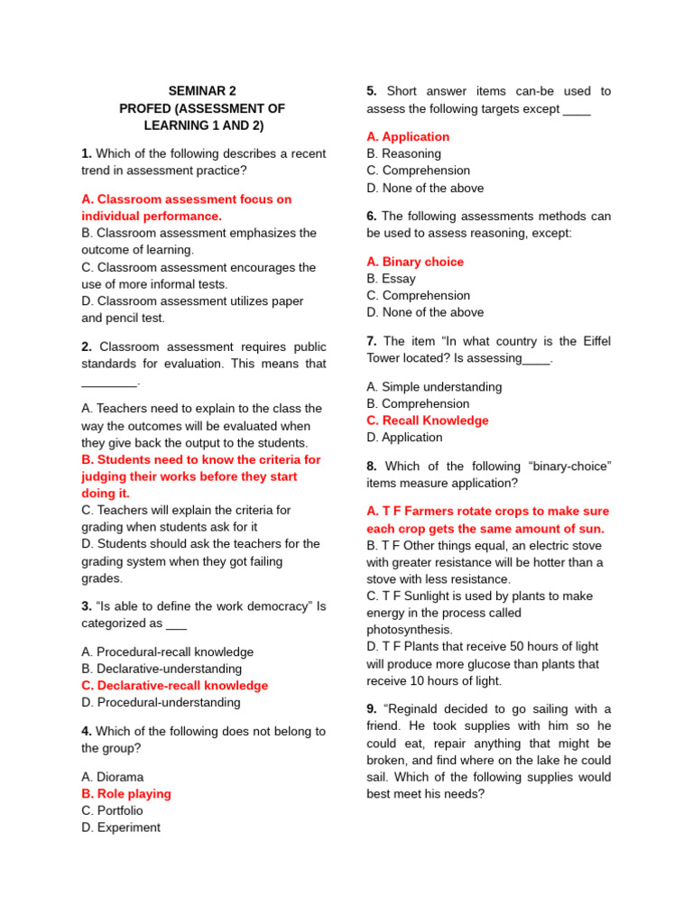 SEMINAR 2 PROFED (Assessment of Learning 1 and 2) | PDF