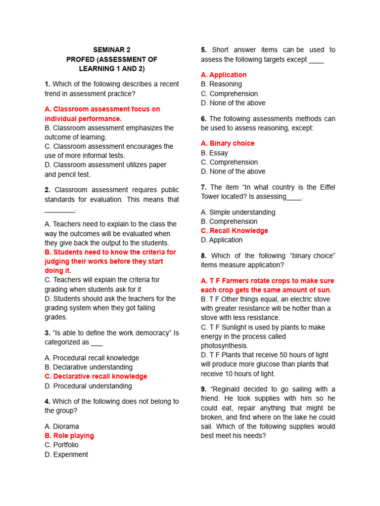SEMINAR 2 PROFED (Assessment of Learning 1 and 2) | PDF