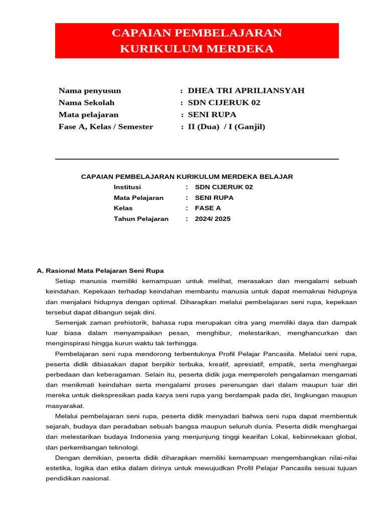 Cp Seni Rupa Fase A Kelas 2 Pdf