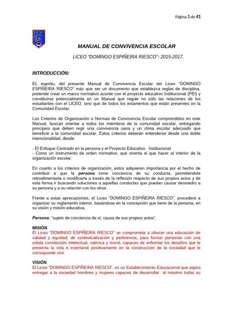 Manual de Convivencia Escolar 2015 | PDF