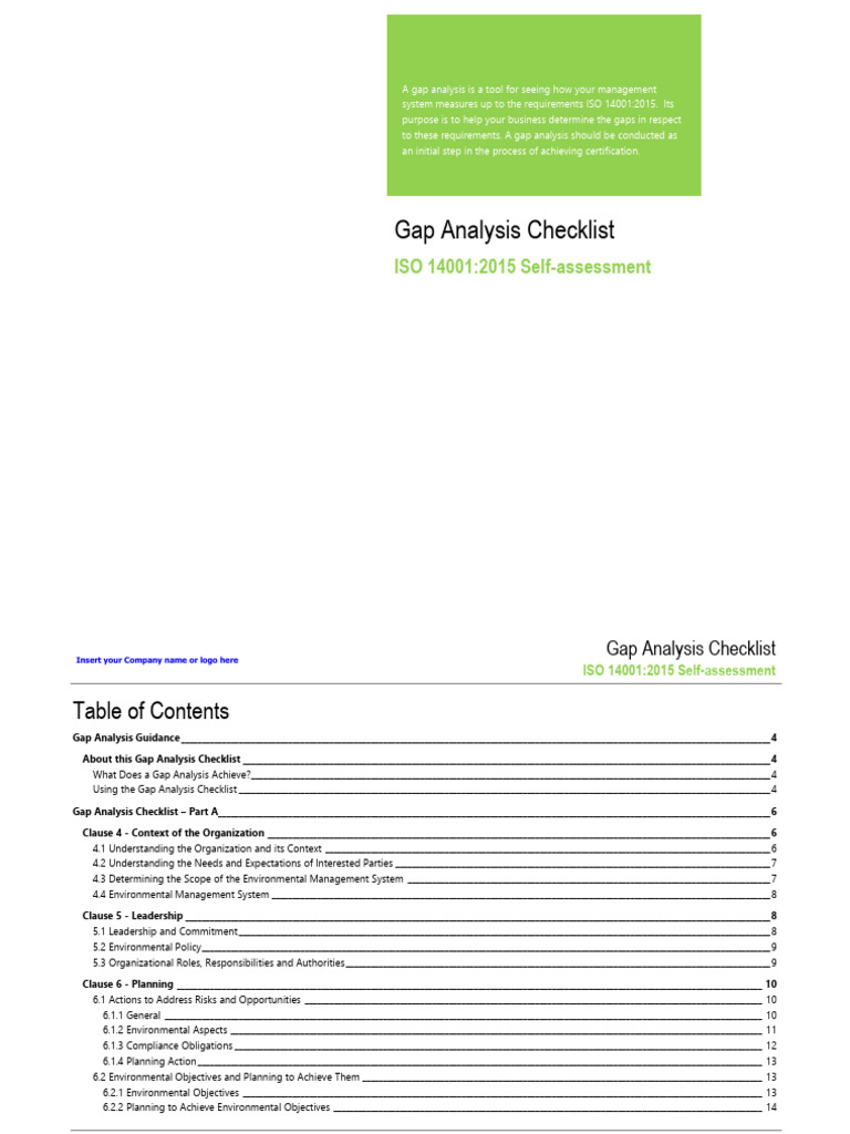 ISO 14001 2015 Gap Analysis Checklist Sample | PDF