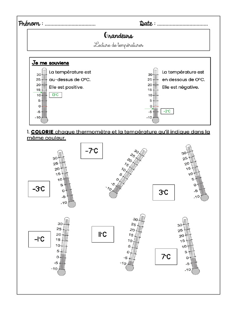 P3 - Grandeurs - Lire Des Températures - Devoir | PDF