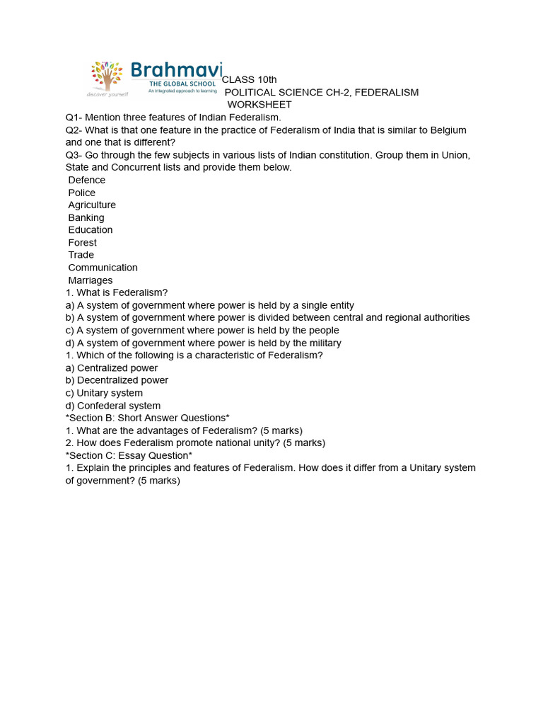 G10-SST - Federalism-Worksheet | PDF