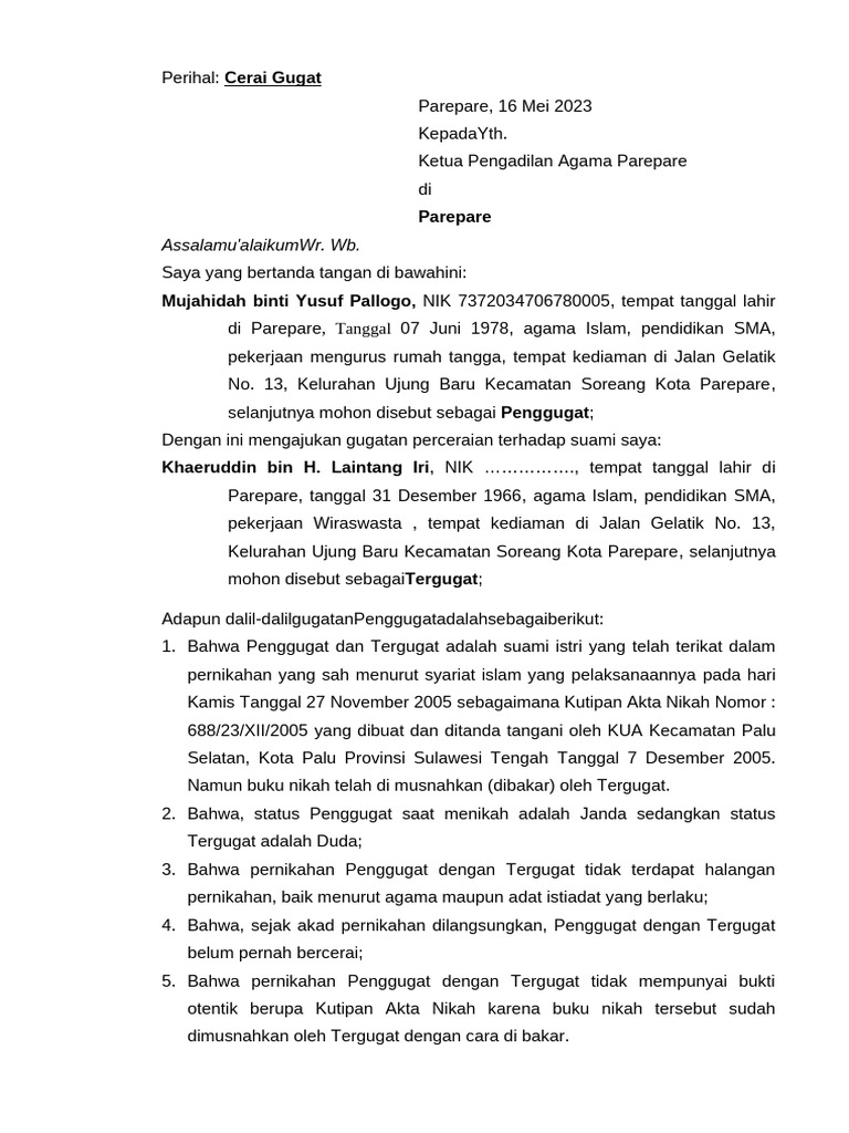 Contoh Cerai Gugat Isbat Nikah | PDF