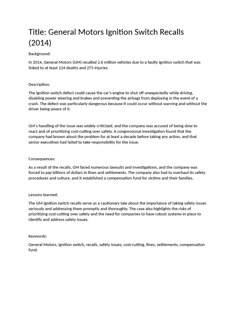 Title: General Motors Ignition Switch Recalls (2014) | PDF