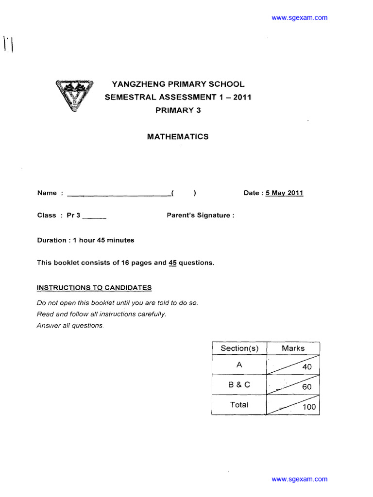 2011-P3-Maths-SA1-Yang Zheng | PDF