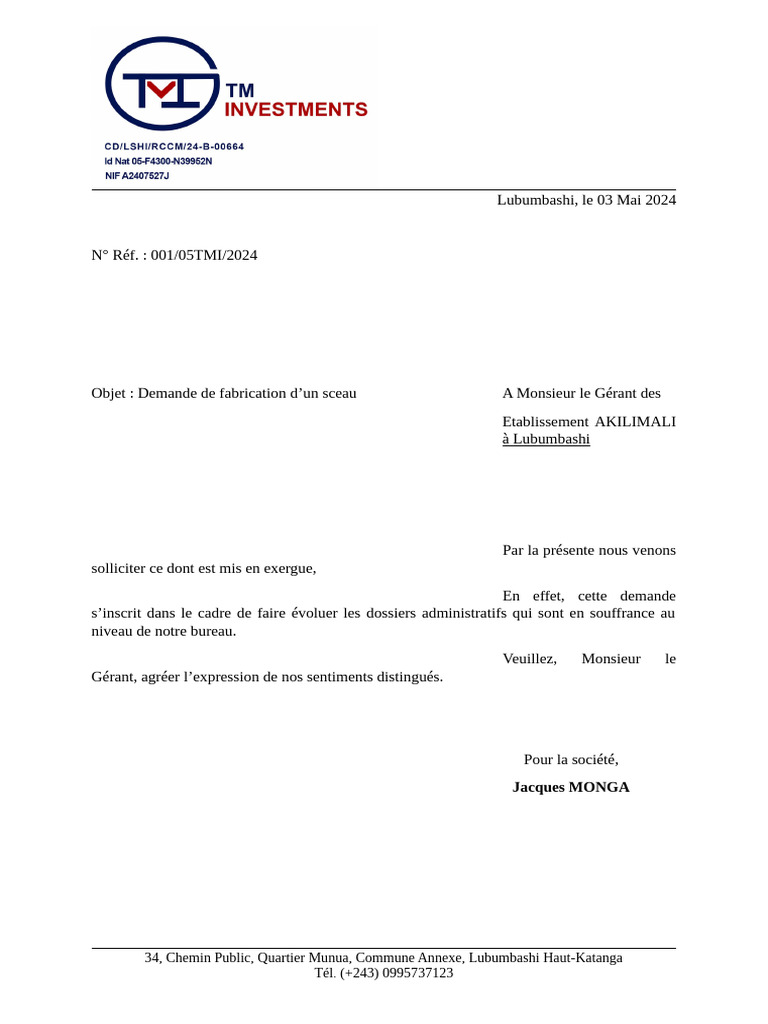 Demande De Fabrication D un Sceau PDF