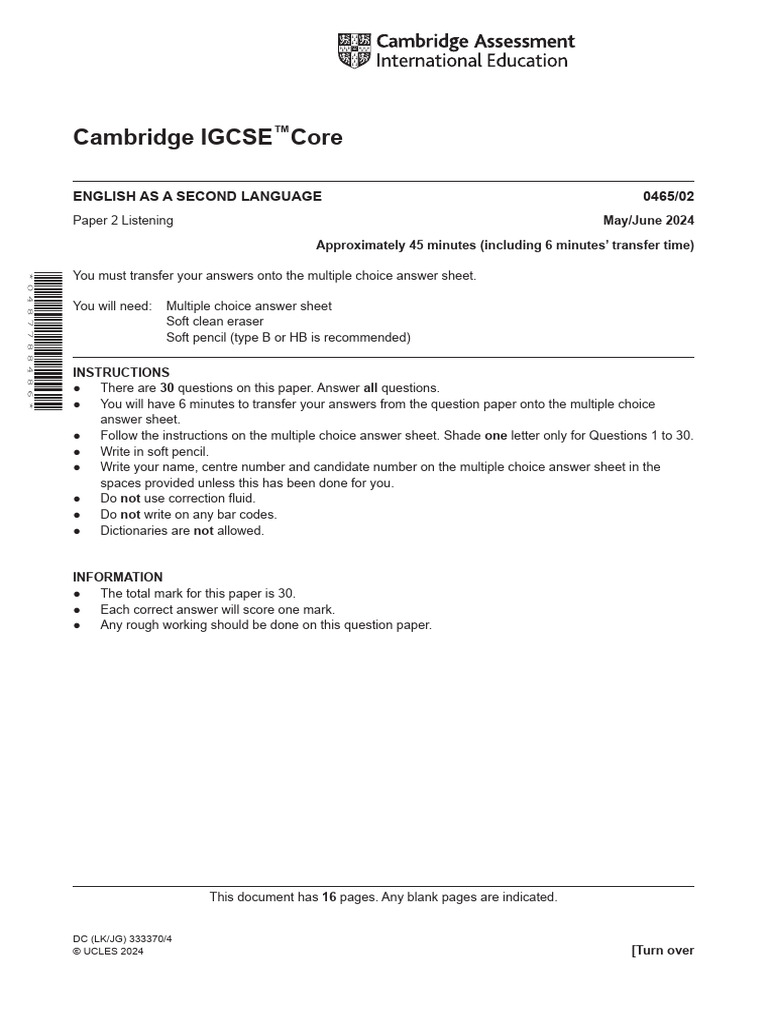 Cambridge IGCSE Core: English As A Second Language 0465/02 | PDF