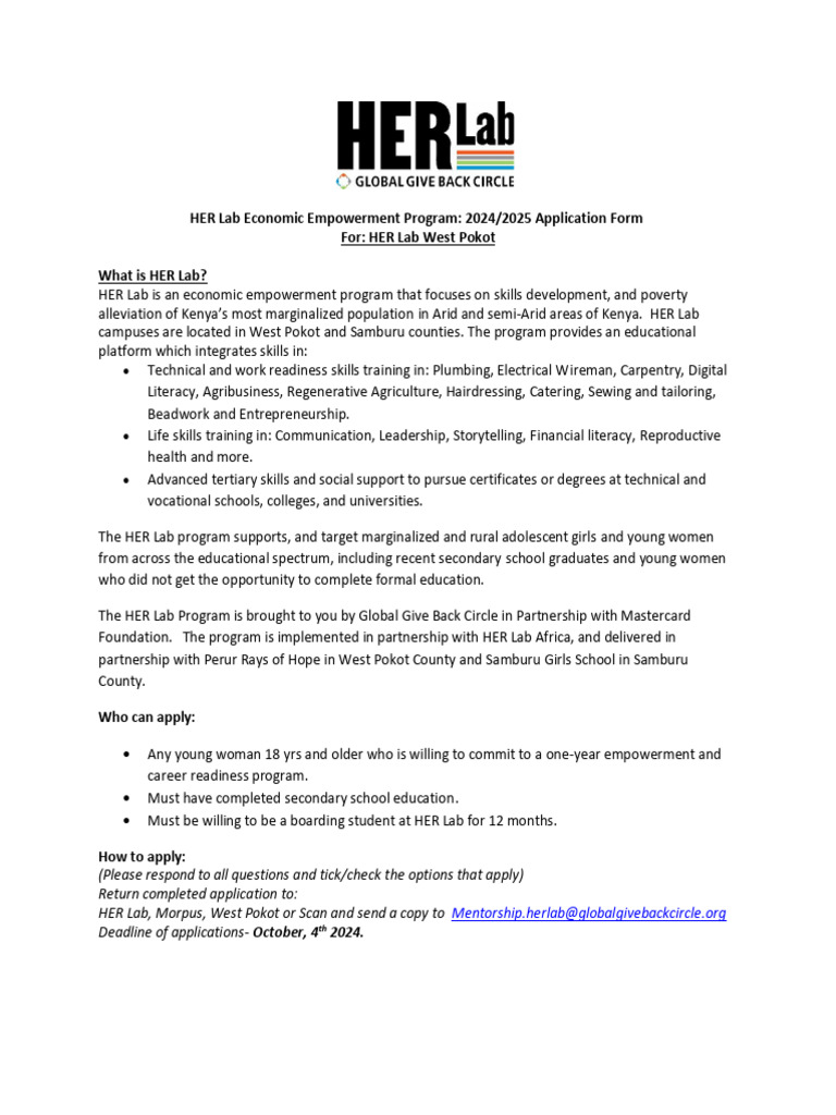 HER Lab Application Form 2024 - For Boarding Participants | PDF
