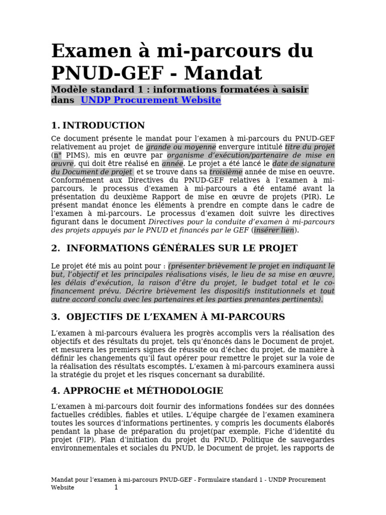 UNDP-GEF-MTR-TOR-Template 2014 - FRENCH | PDF
