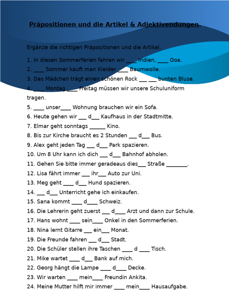 Präpositionen und die Artikel & Adjective Endings Worksheet SMP (1) | PDF