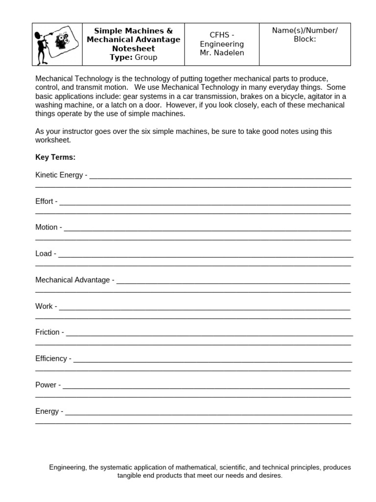 Simple Machines Mechanical Advantage Notesheet | PDF