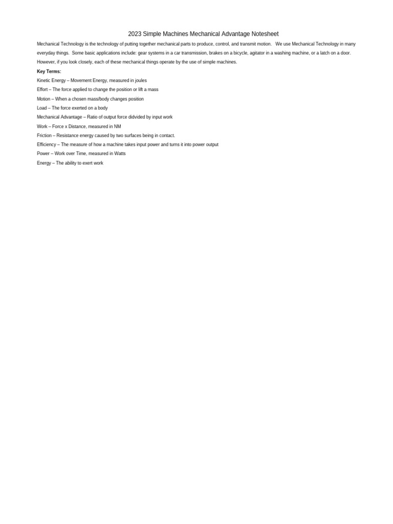 2023 Simple Machines Mechanical Advantage Notesheet: Key Terms | PDF