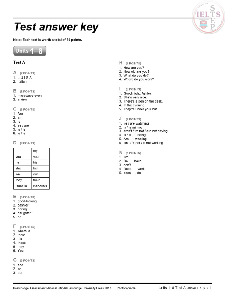 Test Answer Key: Units | PDF