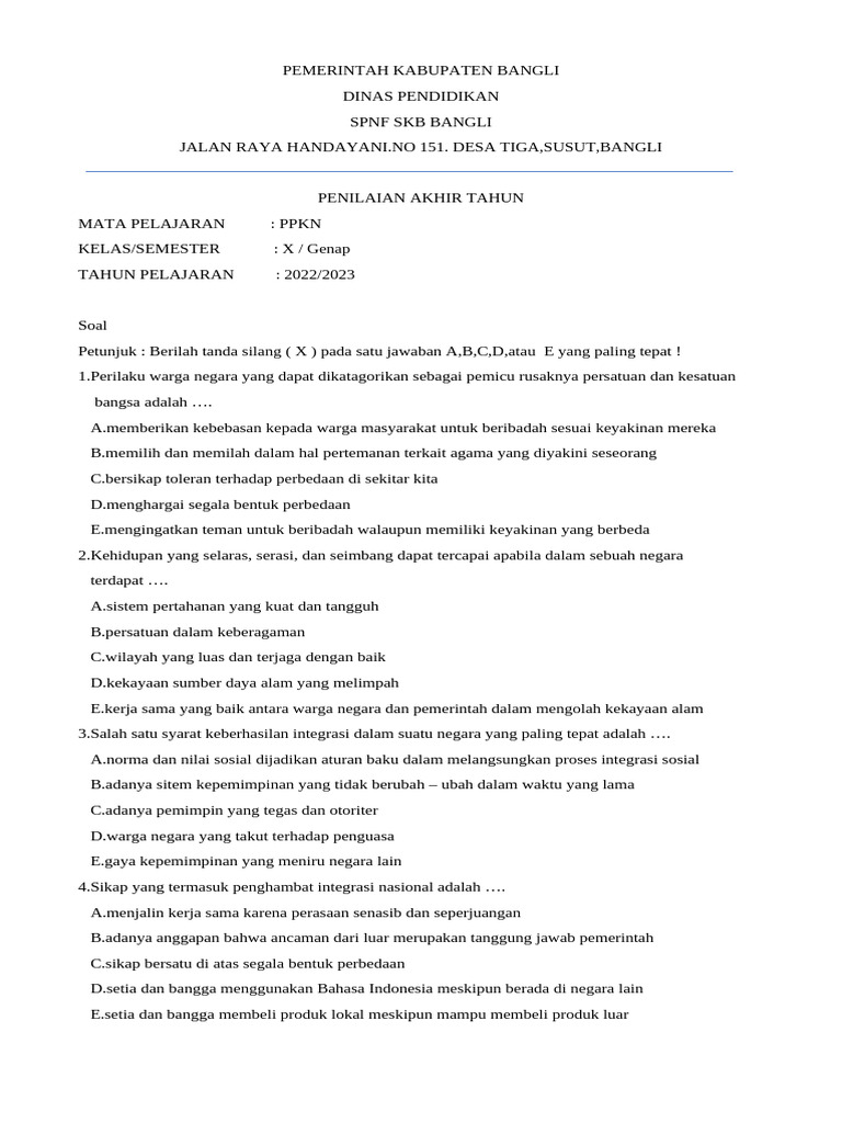 Pat PPKN Kelas X Kejar Paket C 2022 - 2023 | PDF