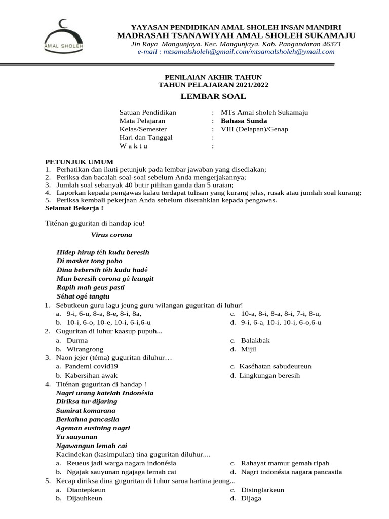 Soal Pat B.sunda KLS Viii 2022 Okk | PDF