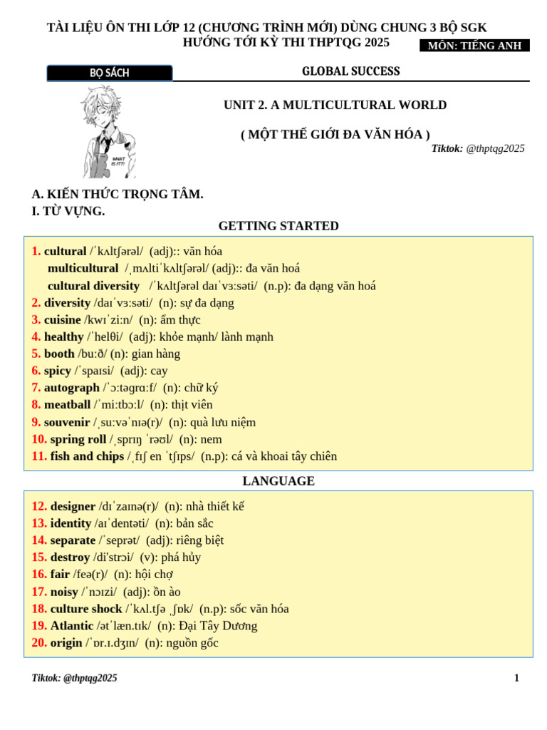 UNIT 2 A MULTICULTURAL WORLD GLOBAL SUCCESS 12 Co dap an chuan | PDF
