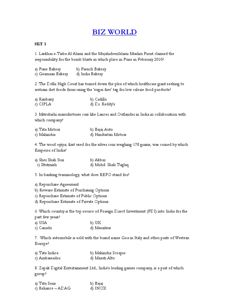 Business Quiz Questions and Answers | PDF | Games & Activities