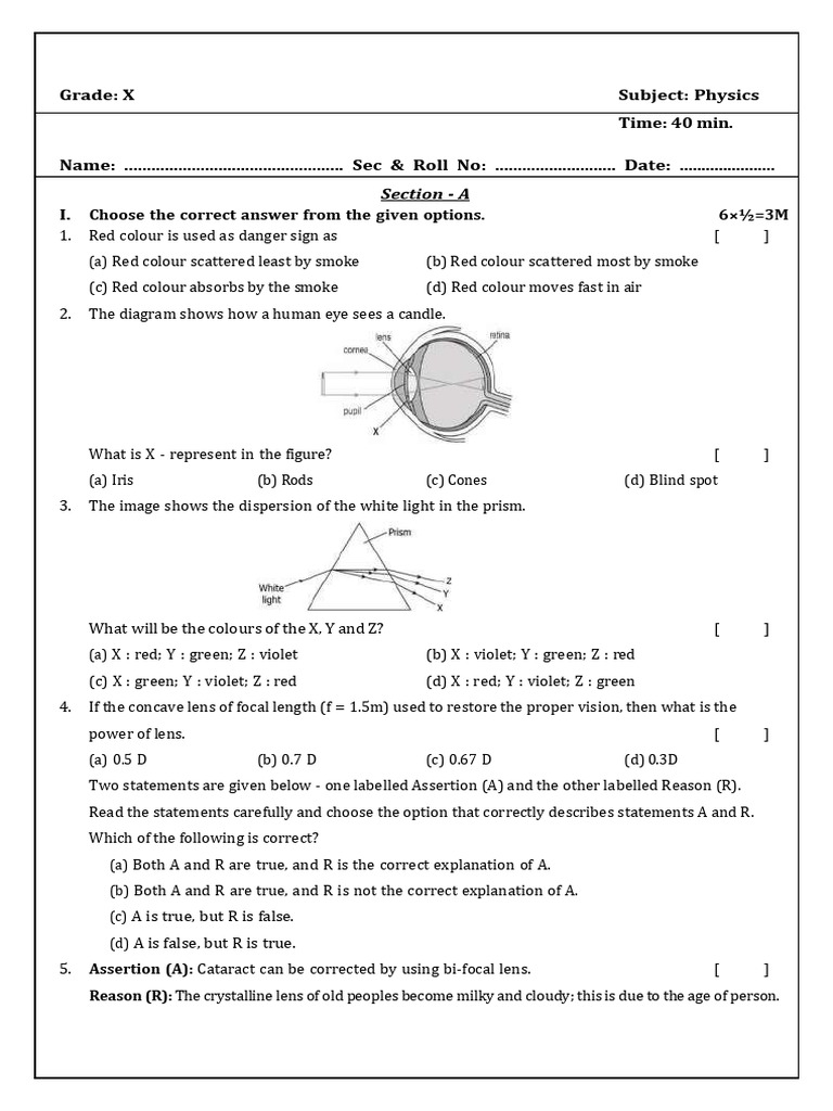 Physics Worksheet for Grade X Students | PDF | Rainbow | Eye