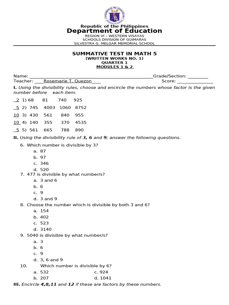 SUMMATIVE TEST IN MATH 5 - Week 1-2 | PDF