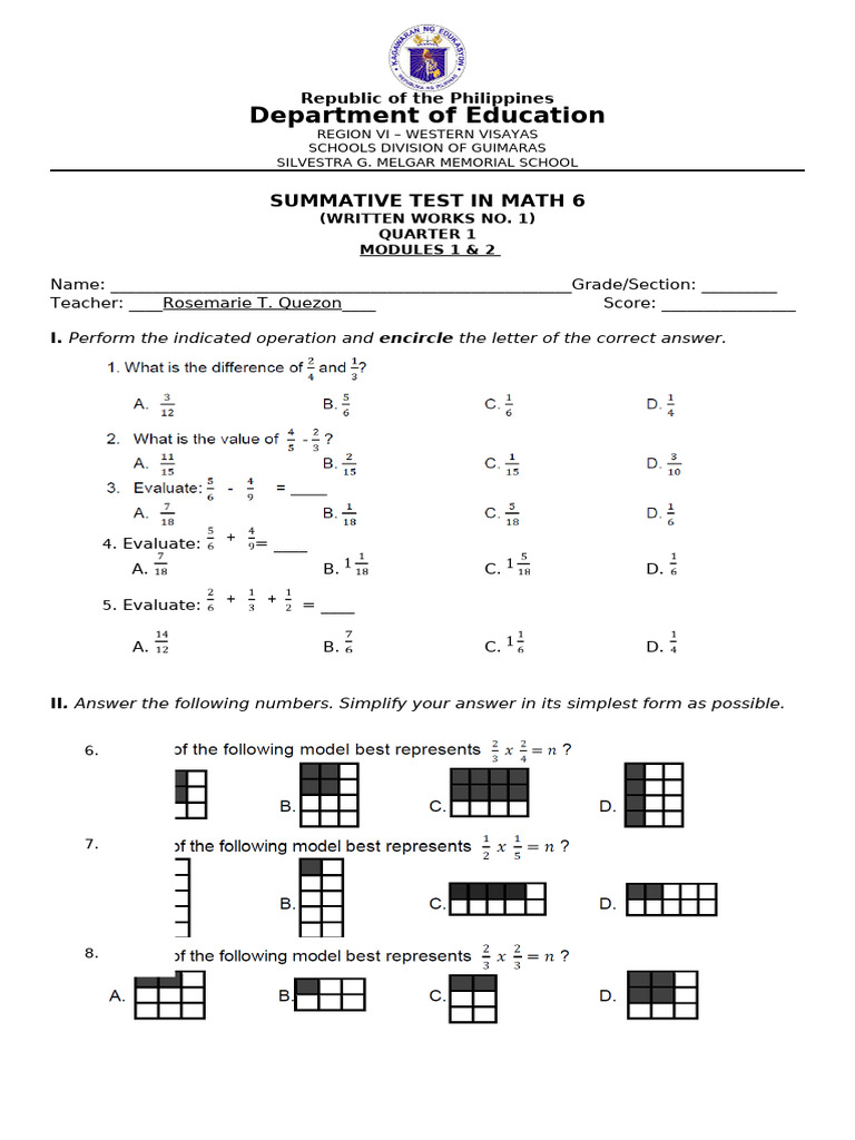 SUMMATIVE TEST IN MATH 6 - Week 1-2 | PDF