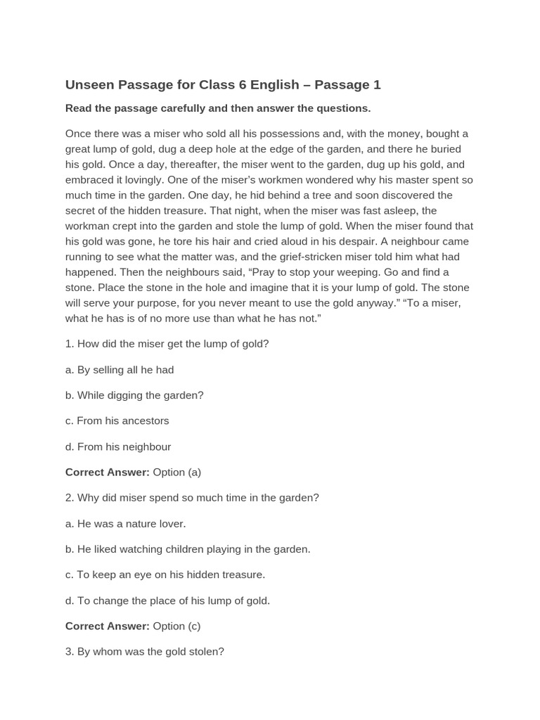Unseen Passage For Class 6 English | PDF