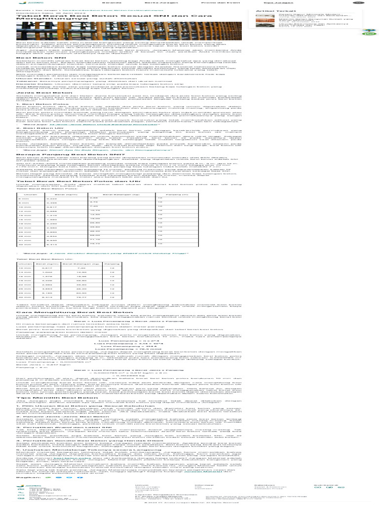 Tabel Berat Besi Beton Sesuai SNI Dan Cara Menghitungnya | PDF
