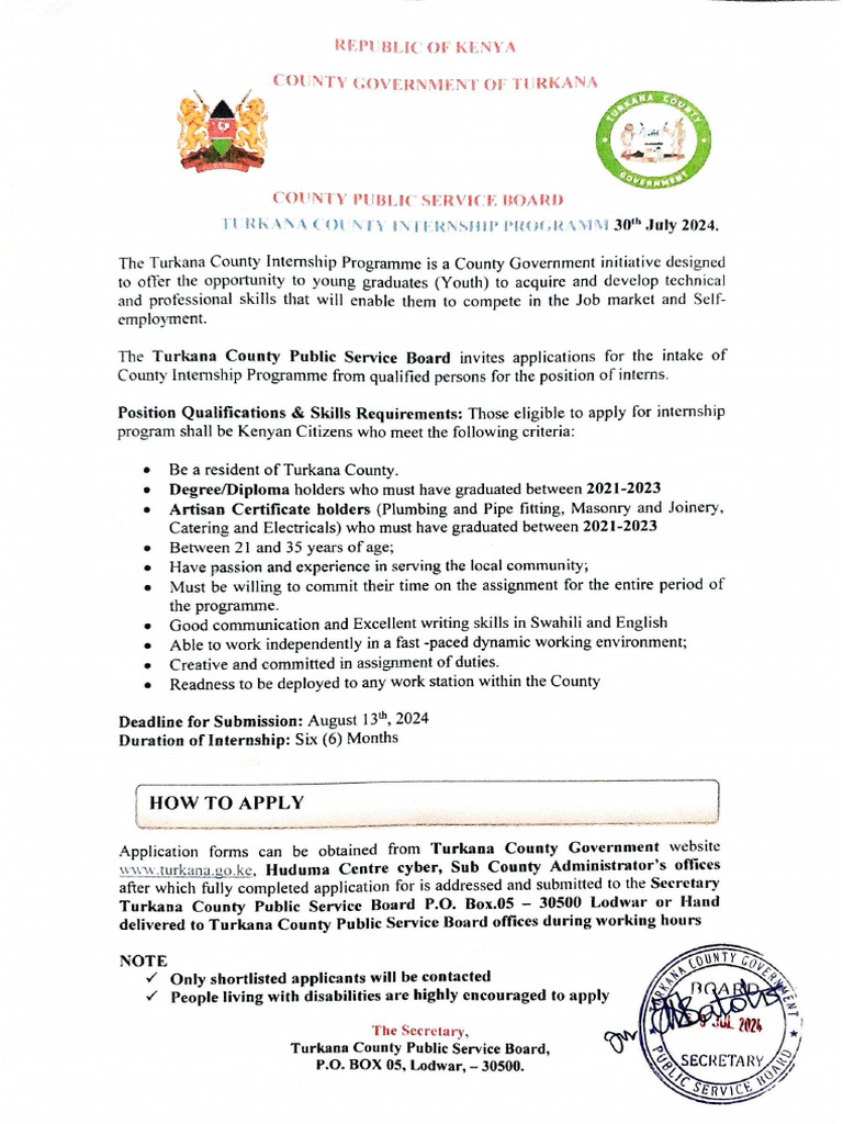 Adertisement for Turkana County Internship Program for The 8th Cohorts ...