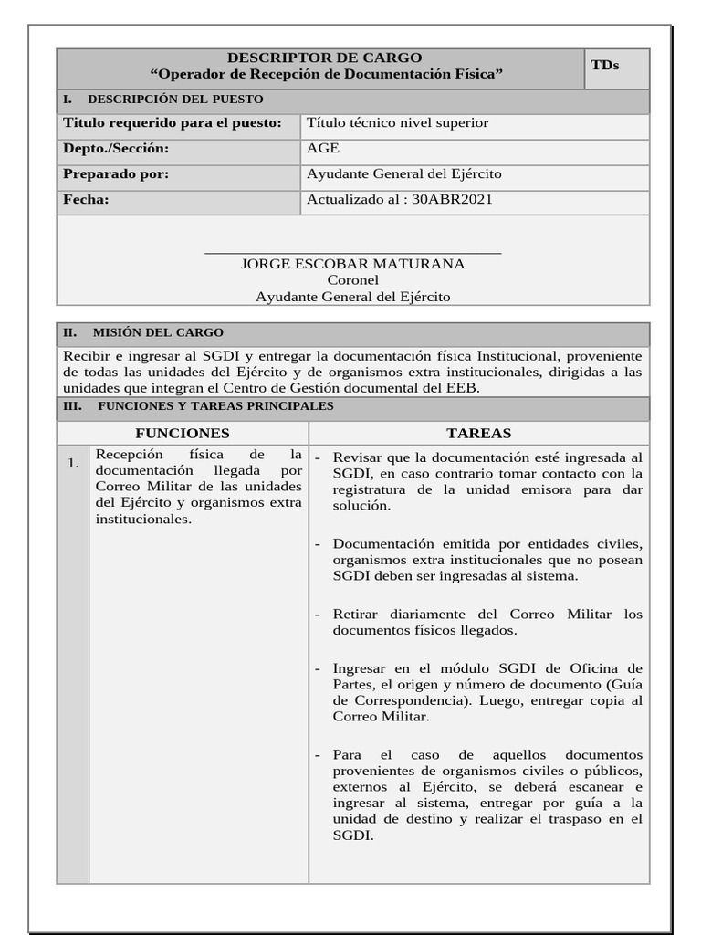 Descriptor Cargo Operador SGDI Documentación Física | PDF