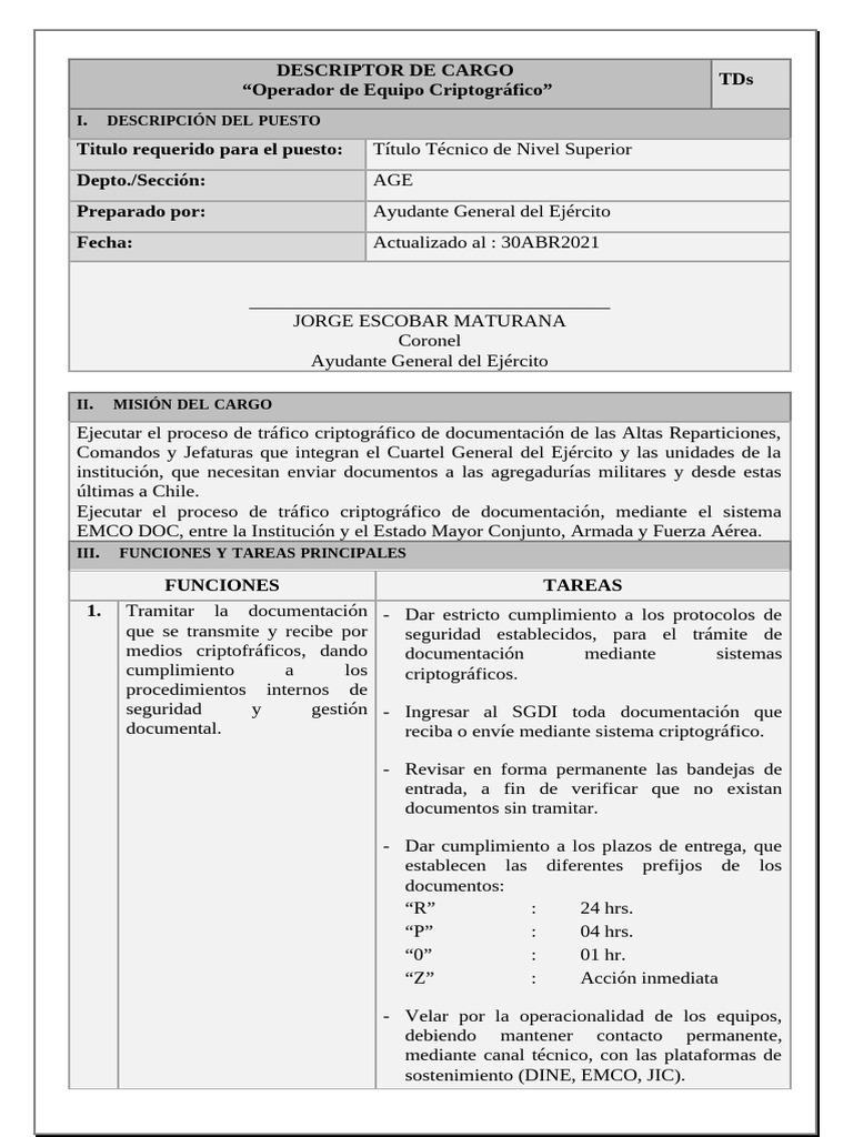 Descriptor Cargo Operador Centro Criptográfico | PDF