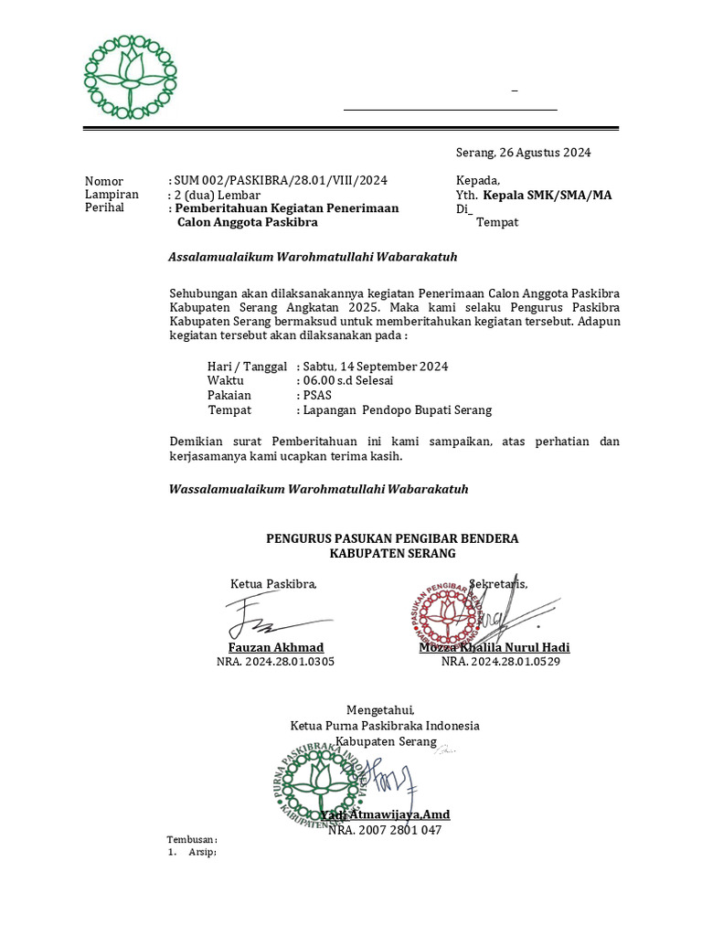 Surat Pemberitahuan Penerimaan Capas | PDF