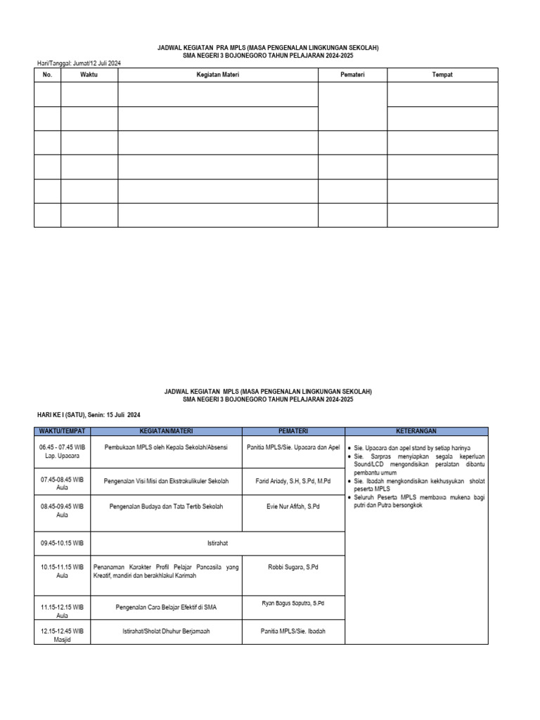 Jadwal Kegiatan Mpls 2024 | PDF