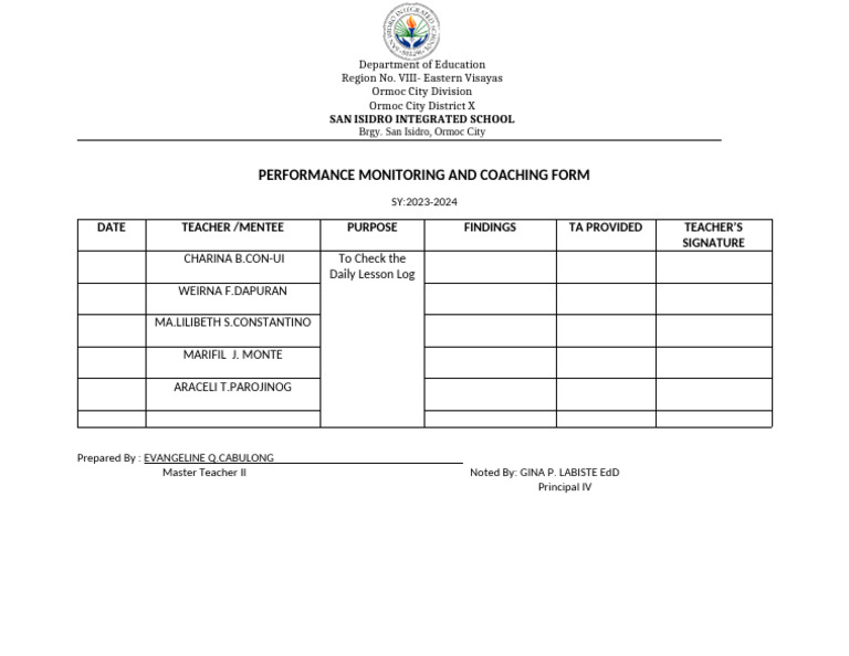 PMCF Forms For Master Teacher | PDF