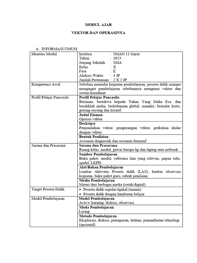 MODUL AJAR Vektor (Sub Bab Operasi Vektor) - LKPD 3 | PDF