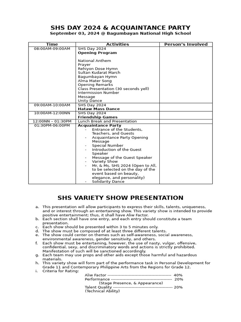 SHS Day 2024 Acquaintance Party | PDF