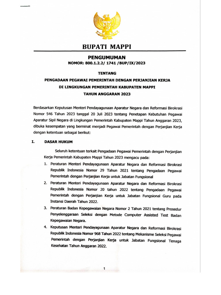 Pengadaan Pegawai Pemerintah Dengan Perjanjian Kerja Lingkup Pemerintah Kabupaten Mappi T. A ...