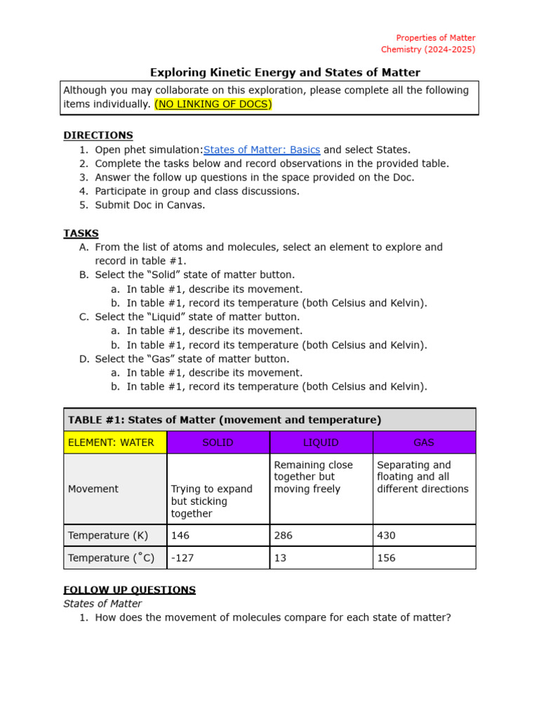 Exploring Kinetic Energy Aasdand States of Matter (Unit 1, Properties ...