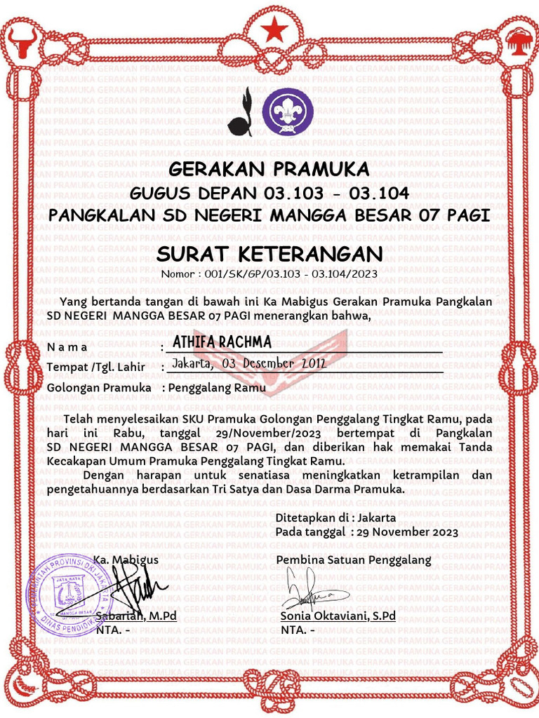 Surat Keterangan: Gerakan Pramuka | PDF
