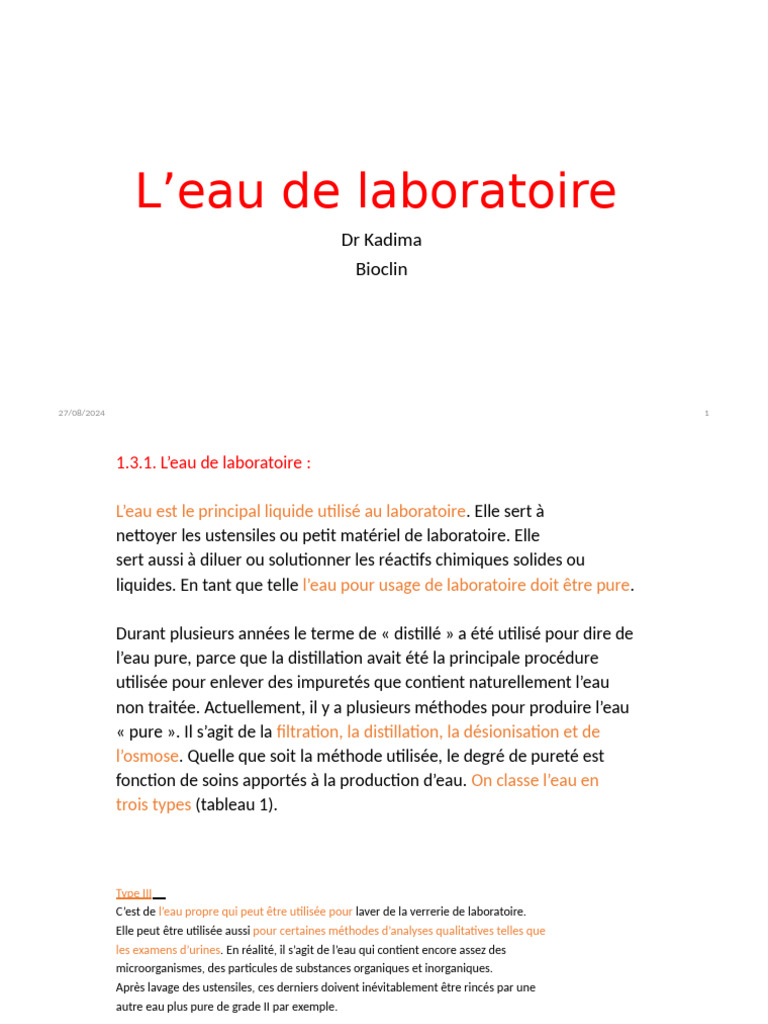 Eau et prélèvements au laboratoire cours | PDF