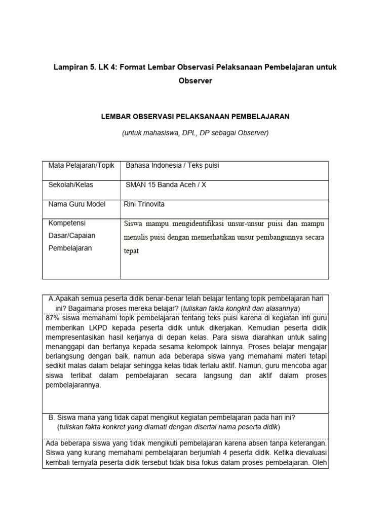 01.05.6-B4-5 Unggah LK 4 - Lembar Observasi Pembelajaran Observer - Siklus 1 | PDF