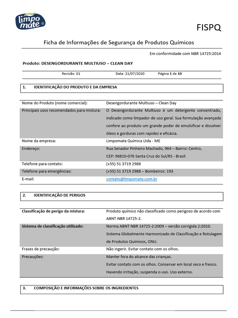 FISPQ - Desengordurante Multiuso | PDF