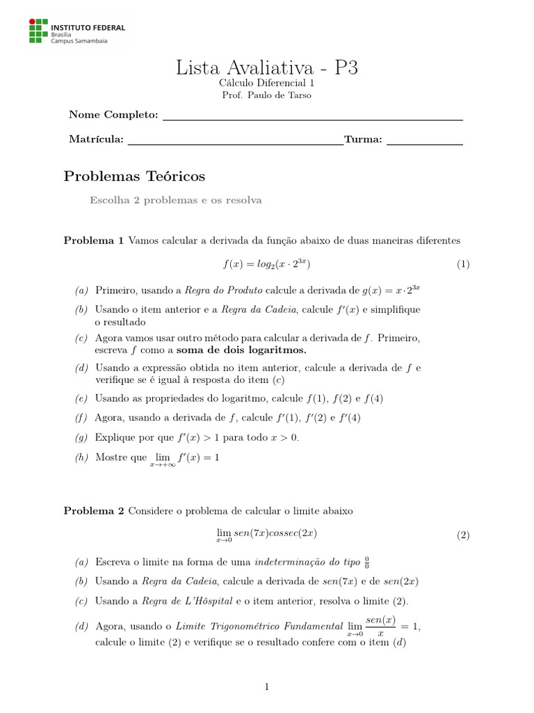 Lista Avaliativa P3 Cálculo 1 2024 | PDF