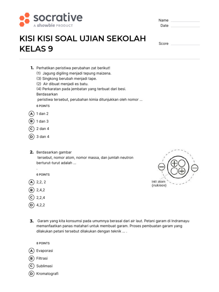 Quiz - KISI KISI SOAL UJIAN SEKOLAH KELAS 9 | PDF