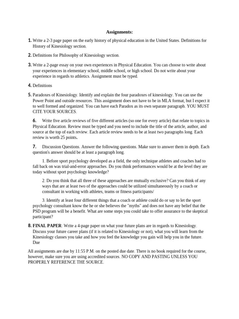 Assignments For Foundations of Kinesiology | PDF