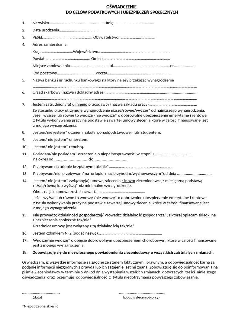 Oświadczenie o Ubezpieczeniu Do Umowy Z RODO | PDF