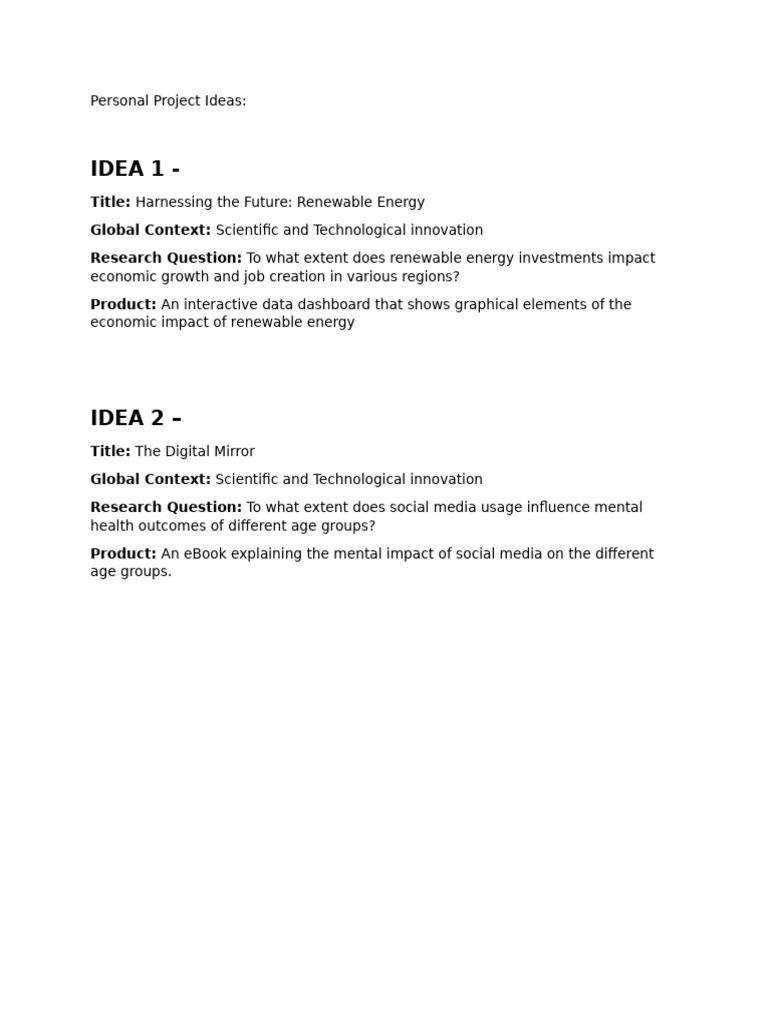 Project Ideas For Personal Project MYP-5 - Ashvin Sreejesh | PDF