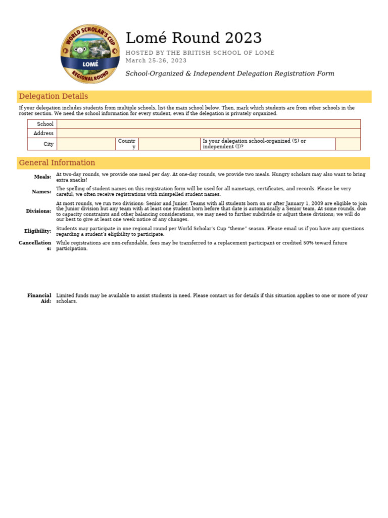 WSC Lome Round Registration Form 2023 | PDF