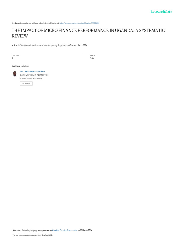 The Impact of Microfinance Performance in Uganda | PDF