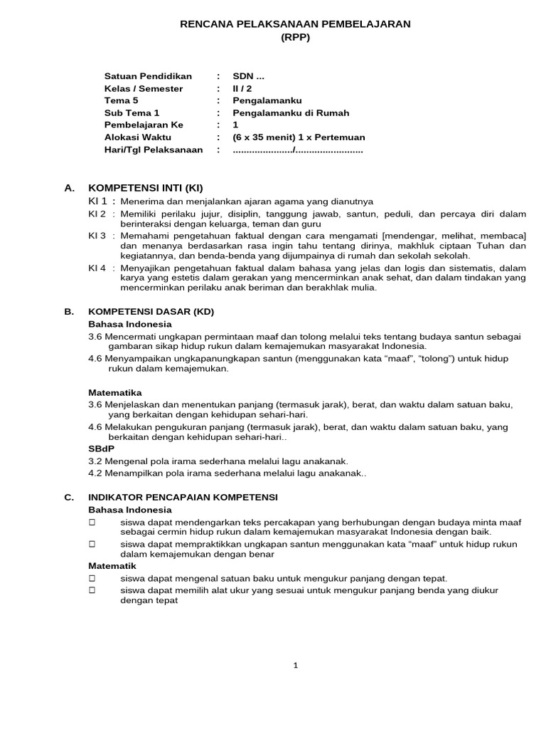Kelas 2 RPP Tema 5 | PDF