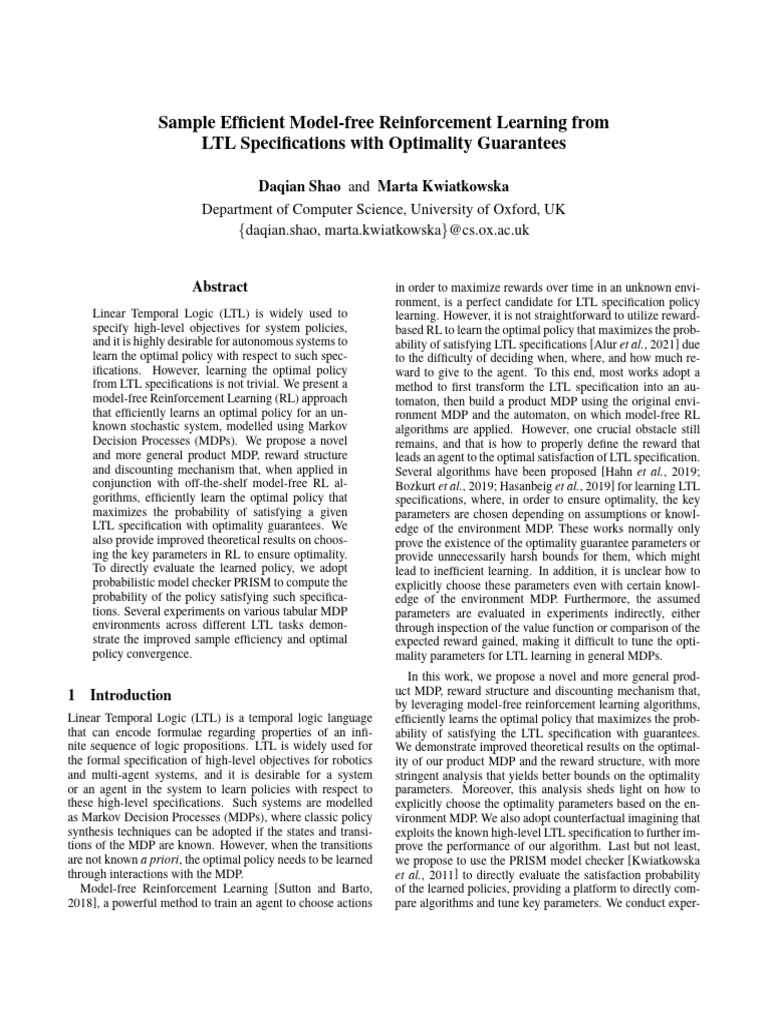 Sample Efficient Model Free Reinforcement Learning From LTL Specifications With Optimality ...